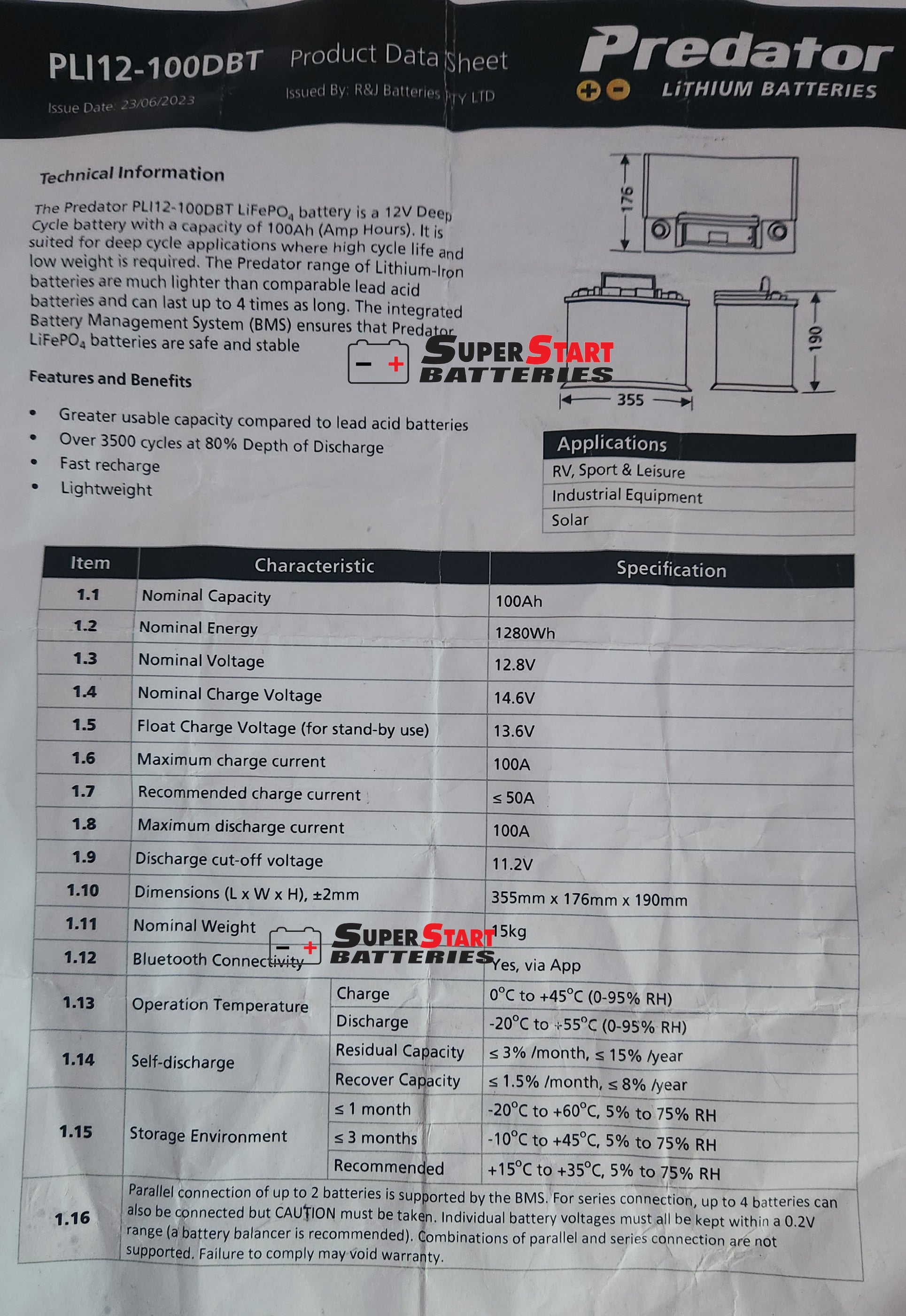 Superstart Predator PLI12-100DBT Lithium Battery for BMW M3/M4 ...