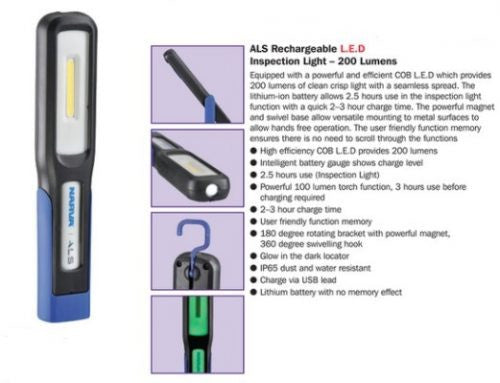 Narva 71460 LED Rechargeable L.E.D Inspection Flashlight ‘ 200 Lumens ...