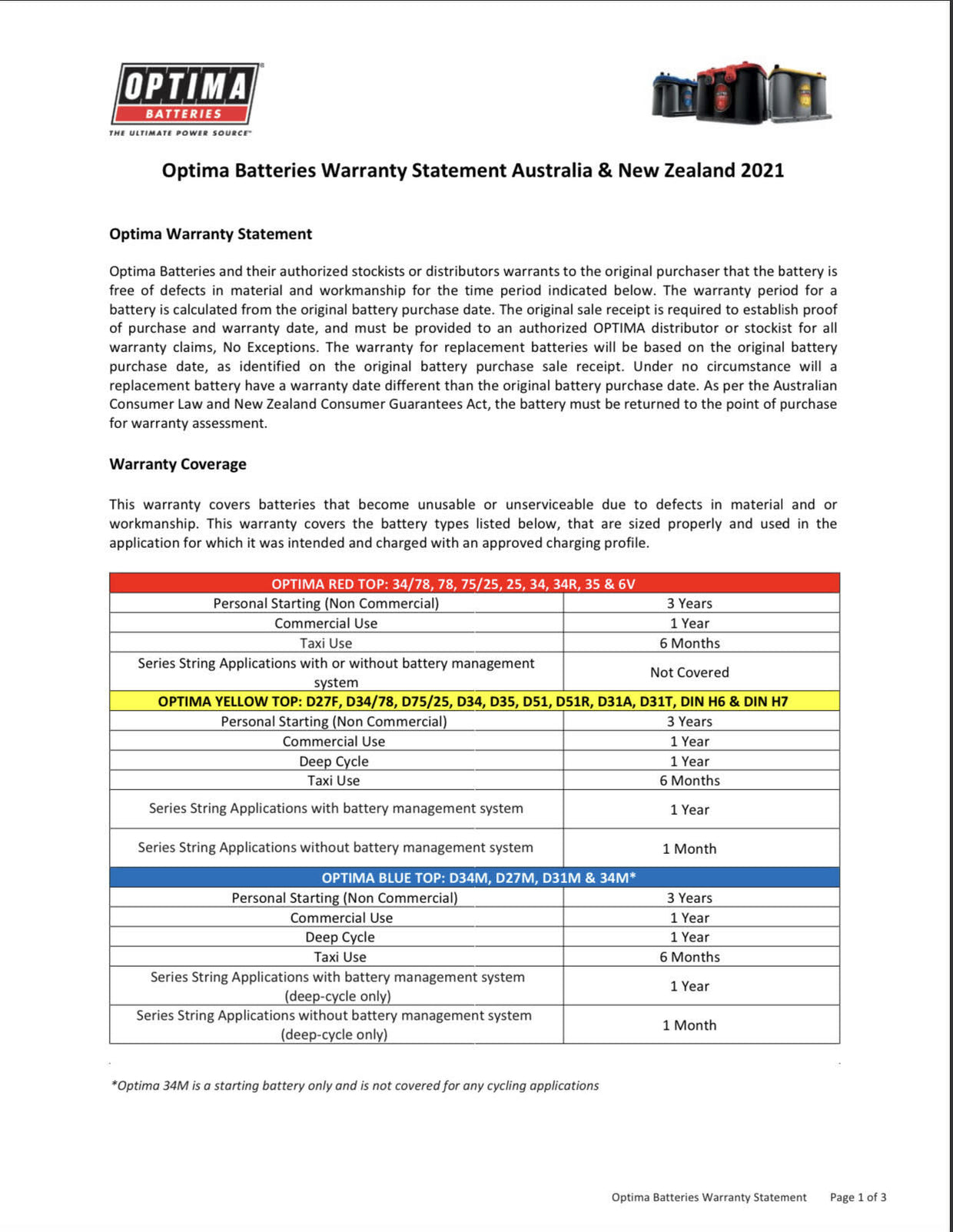 Optima Yellowtop D34 YT S 4.2 - 12V 765CCA AGM Deep Cycling & Starting ...