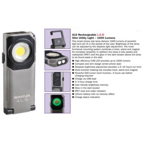 Narva 71450 LED Rechargeable Utility Flashlight Slim 1000 Lumens ...